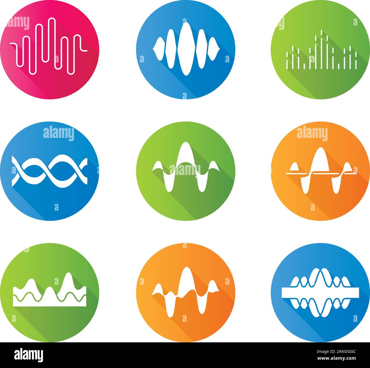 Sound and audio waves flat design long shadow glyph icons set. Voice ...