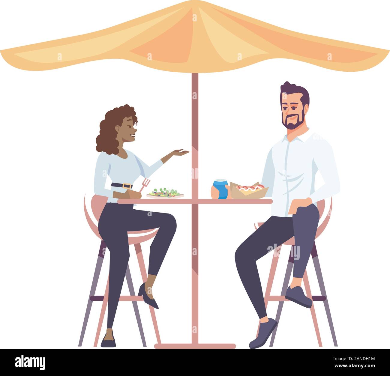 Business lunch at cafe flat vector illustration. Man and woman eating ...