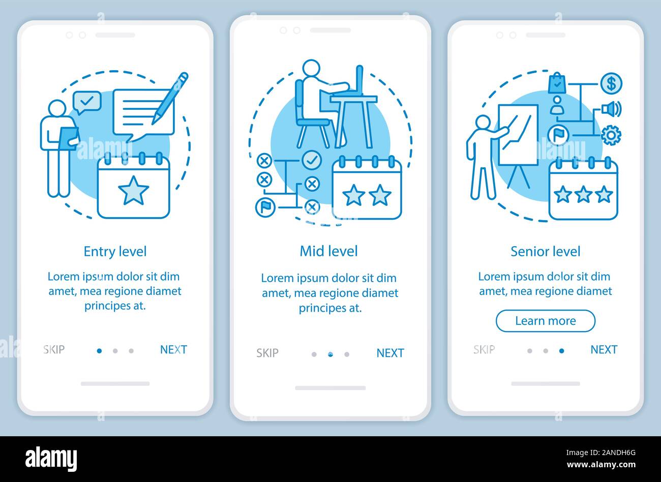 Work experience blue onboarding mobile app page screen with linear ...