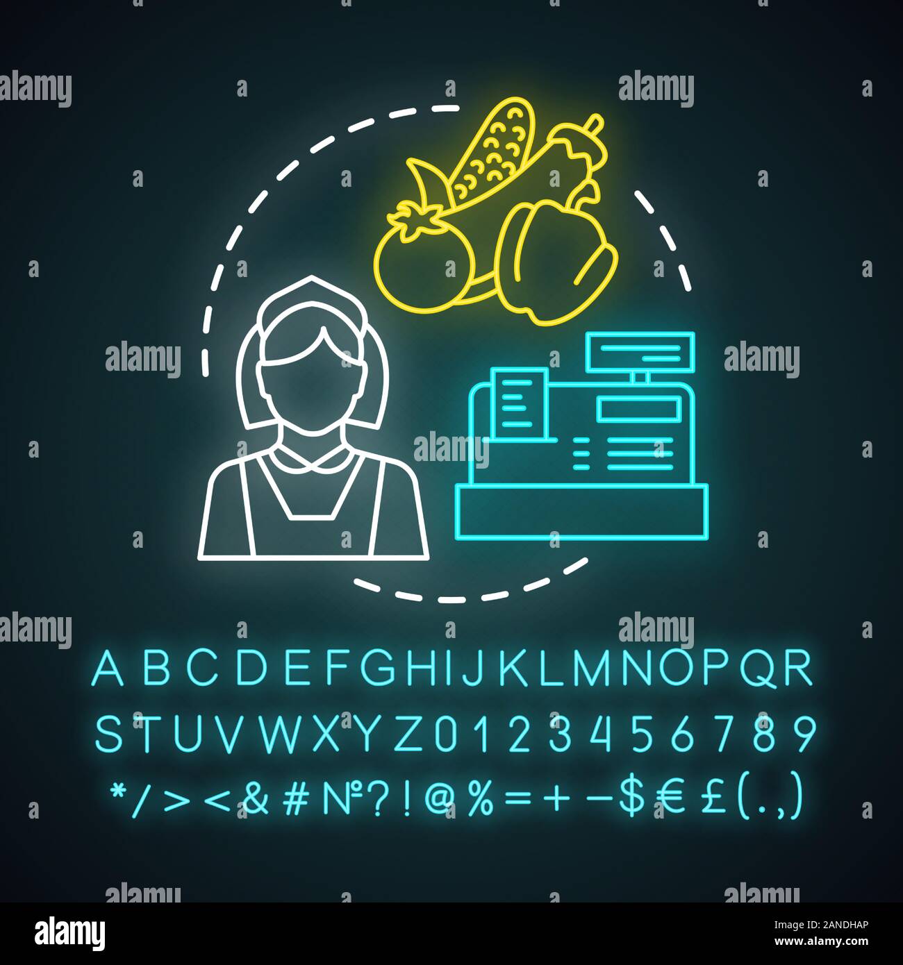 Farmers market cashier neon light icon. Woman selling vegetables ...