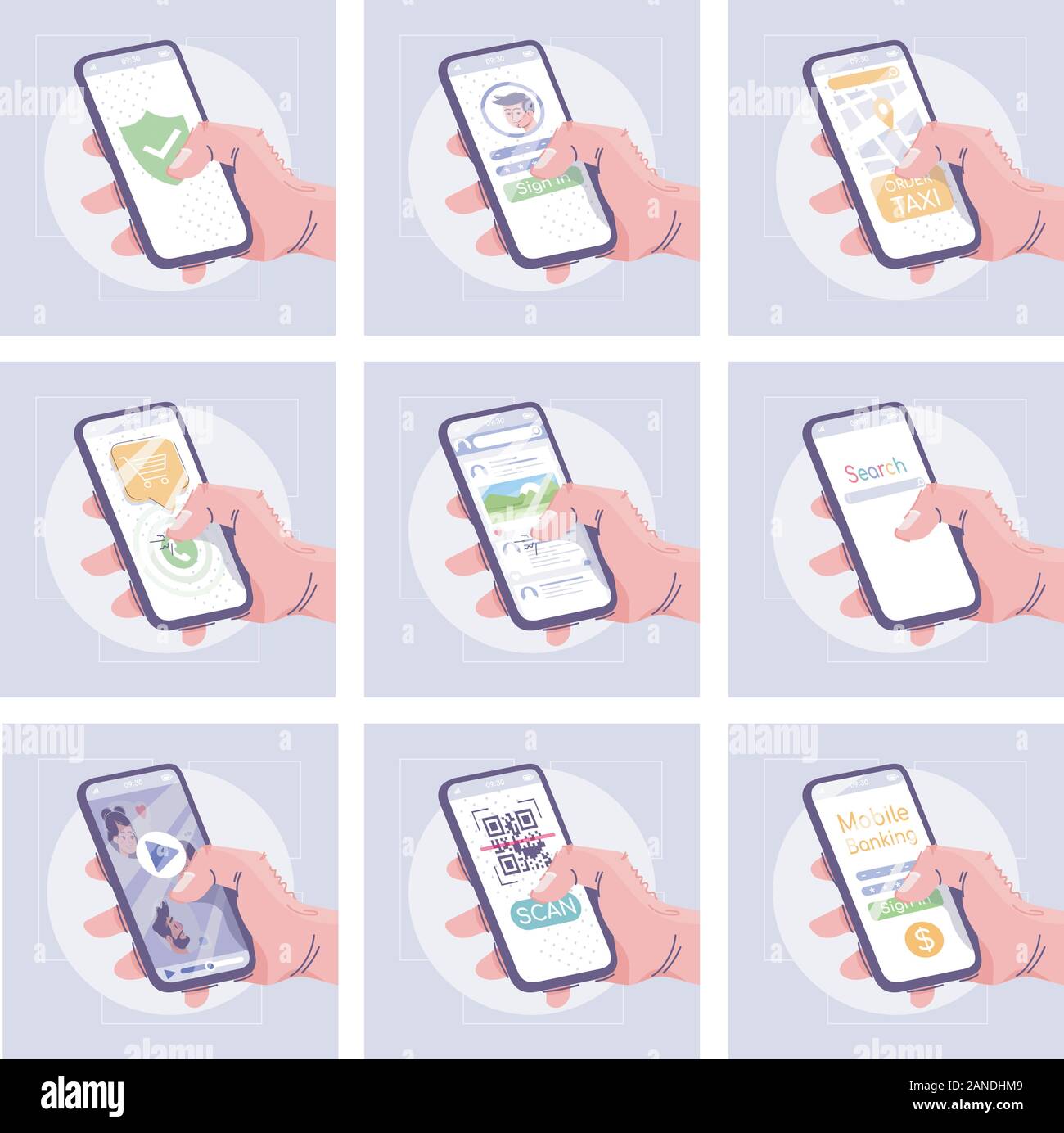 Smartphone apps flat vector illustrations set. Modern mobile technology ...