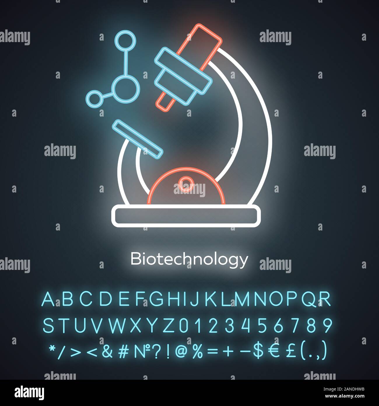 Biotechnology neon light icon. Biotech. Molecular biology. Microscope ...