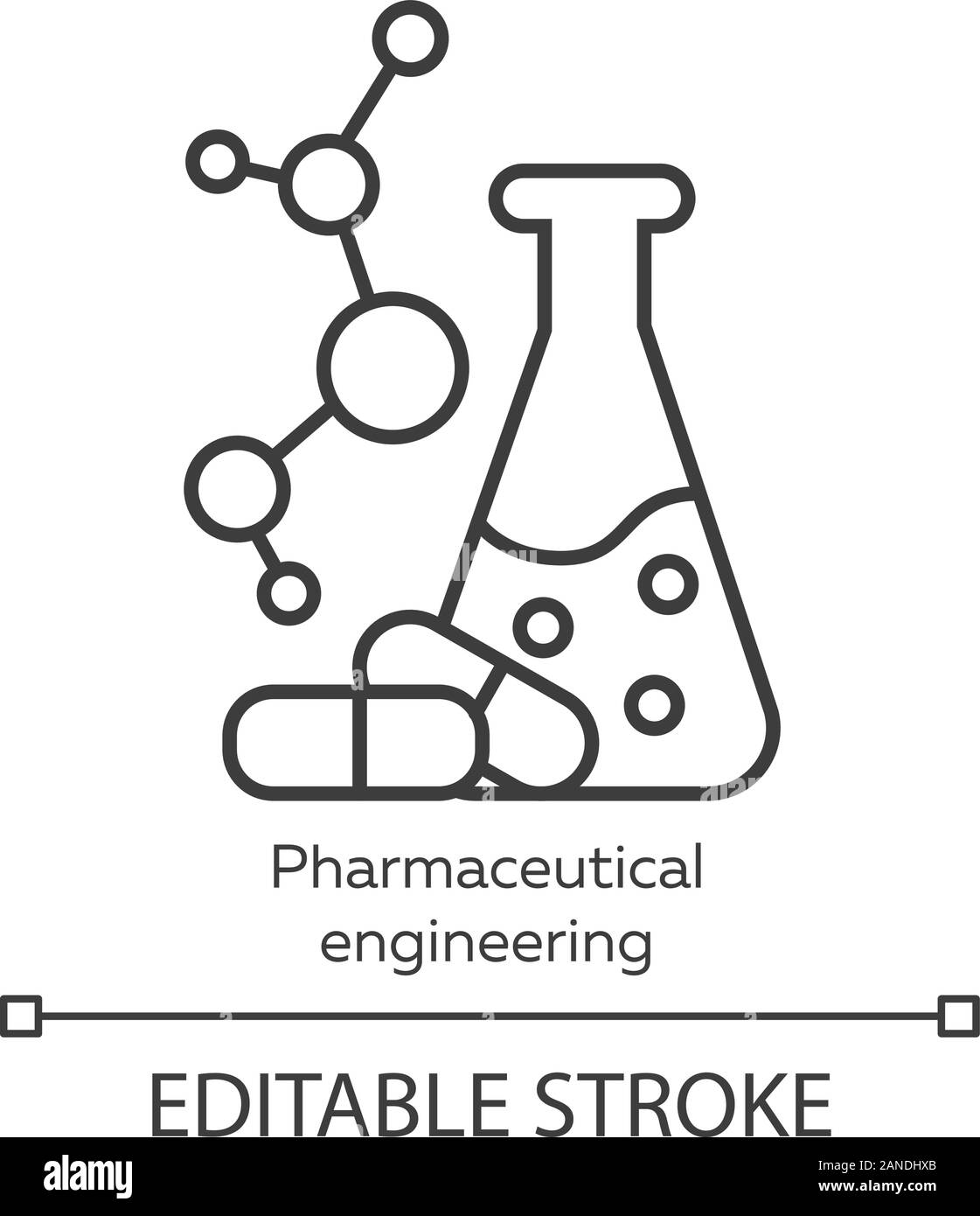 Pharmaceutical engineering linear icon. Chemical engineering. Flask ...