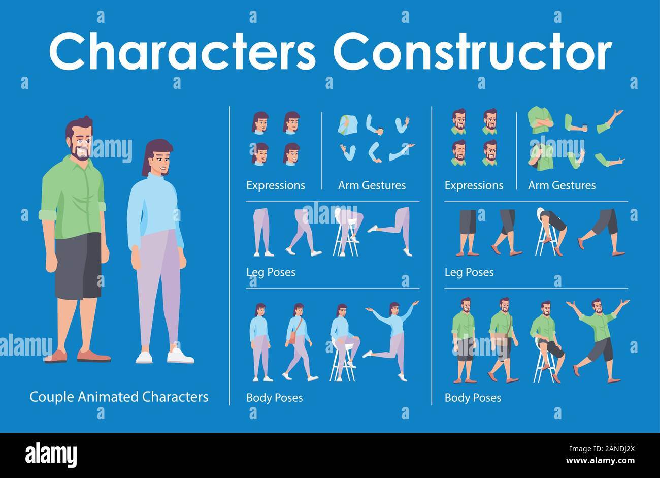 Smiling Couple Front View Animated Flat Vector Characters Design Set