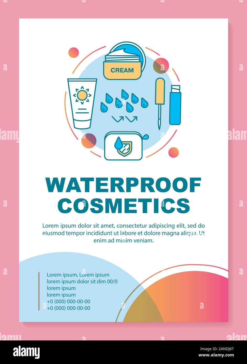 Waterproof makeup, skincare products brochure template layout. Flyer ...