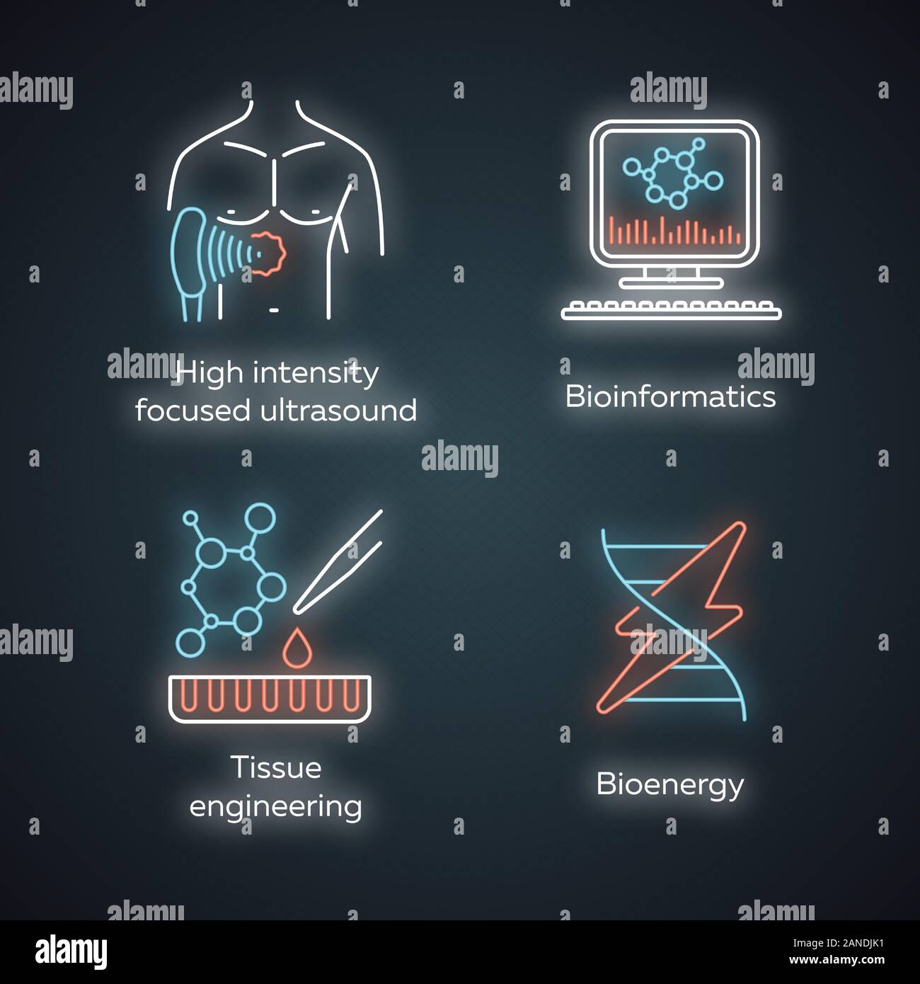 Biotechnology neon light icons set. Bioengineering. High intensity ...
