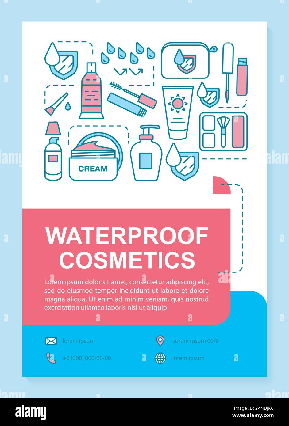 Waterproof skincare, makeup products brochure template layout. Flyer ...