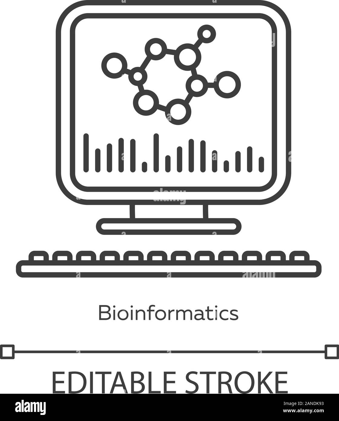 Bioinformatics linear icon. Human genome research. Biological data. Molecular genetics info ...