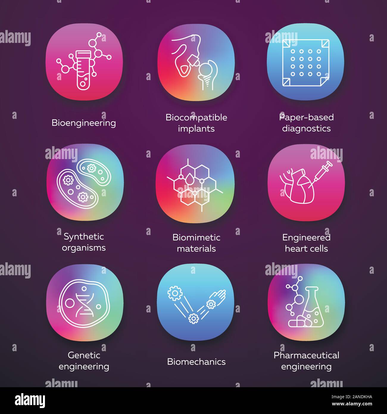 Bioengineering app icons set. Biotechnology. Molecular biology ...