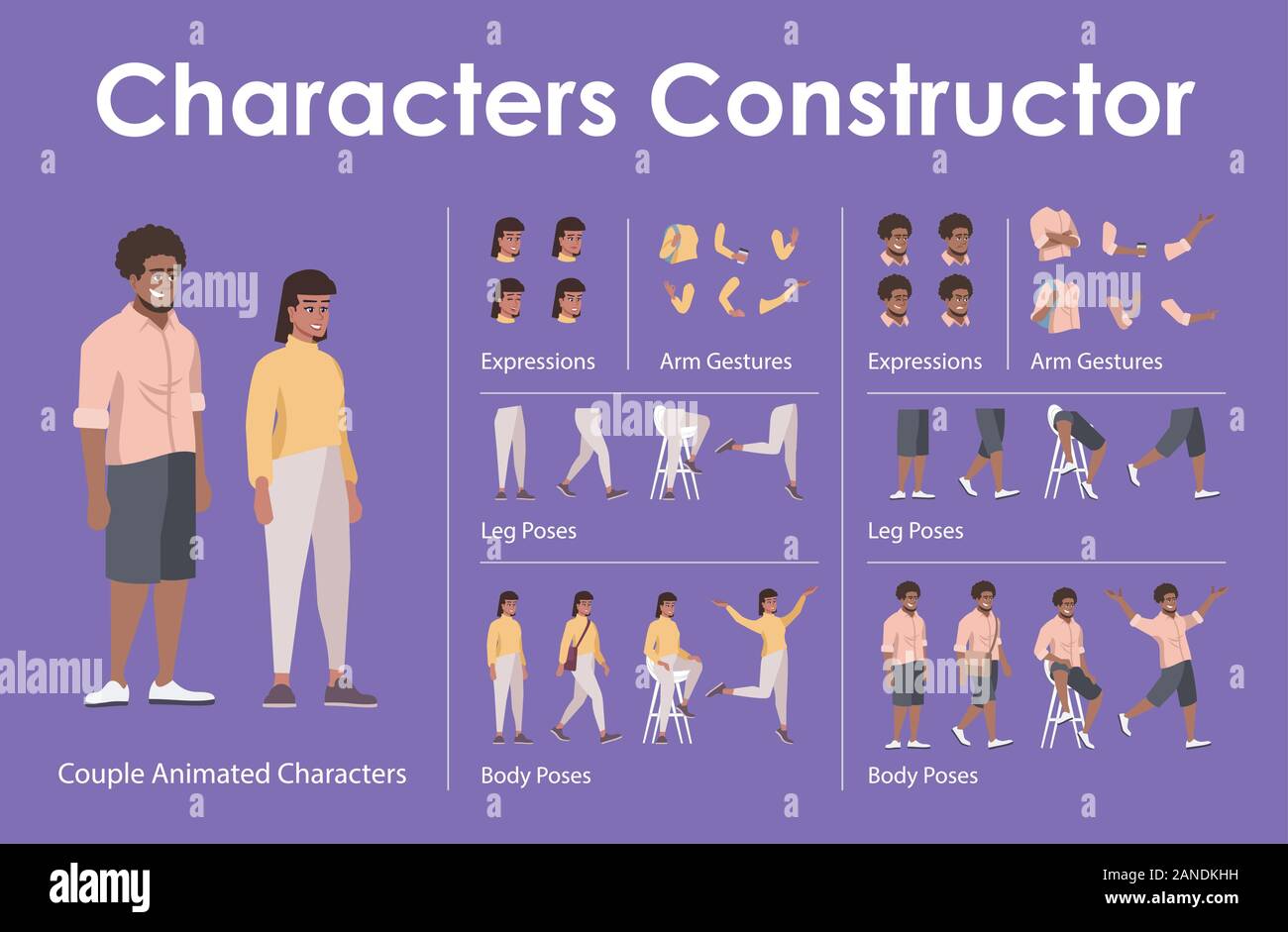 Dark skin man, woman front view animated flat vector characters design ...