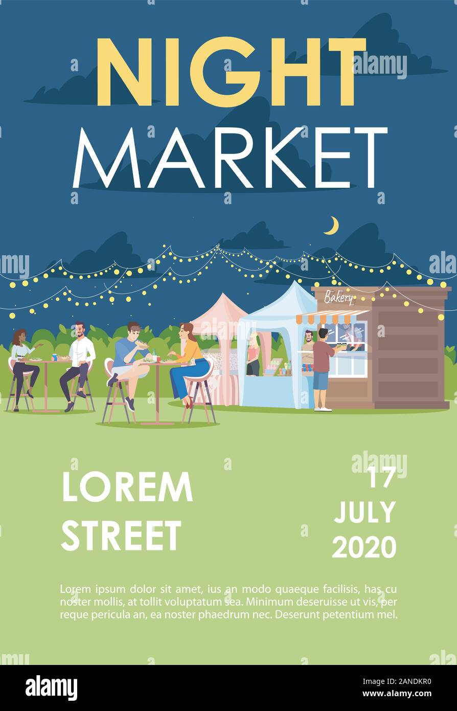Night market brochure template. Food court at summer outdoor city fest ...