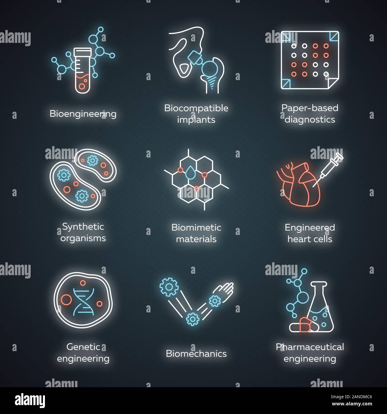 Bioengineering neon light icons set. Biotechnology. Molecular biology ... Bioengineering neon light icons set. Biotechnology. Molecular biology ...