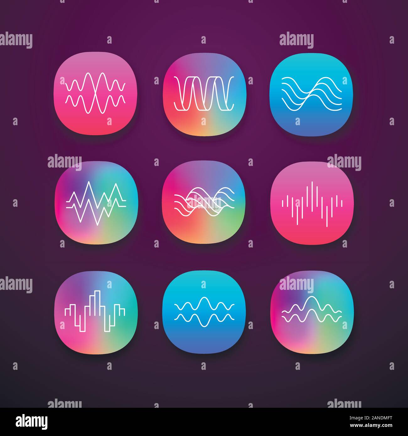 Sound waves app icons set. Music rhythm, heart pulse. Audio waves ...