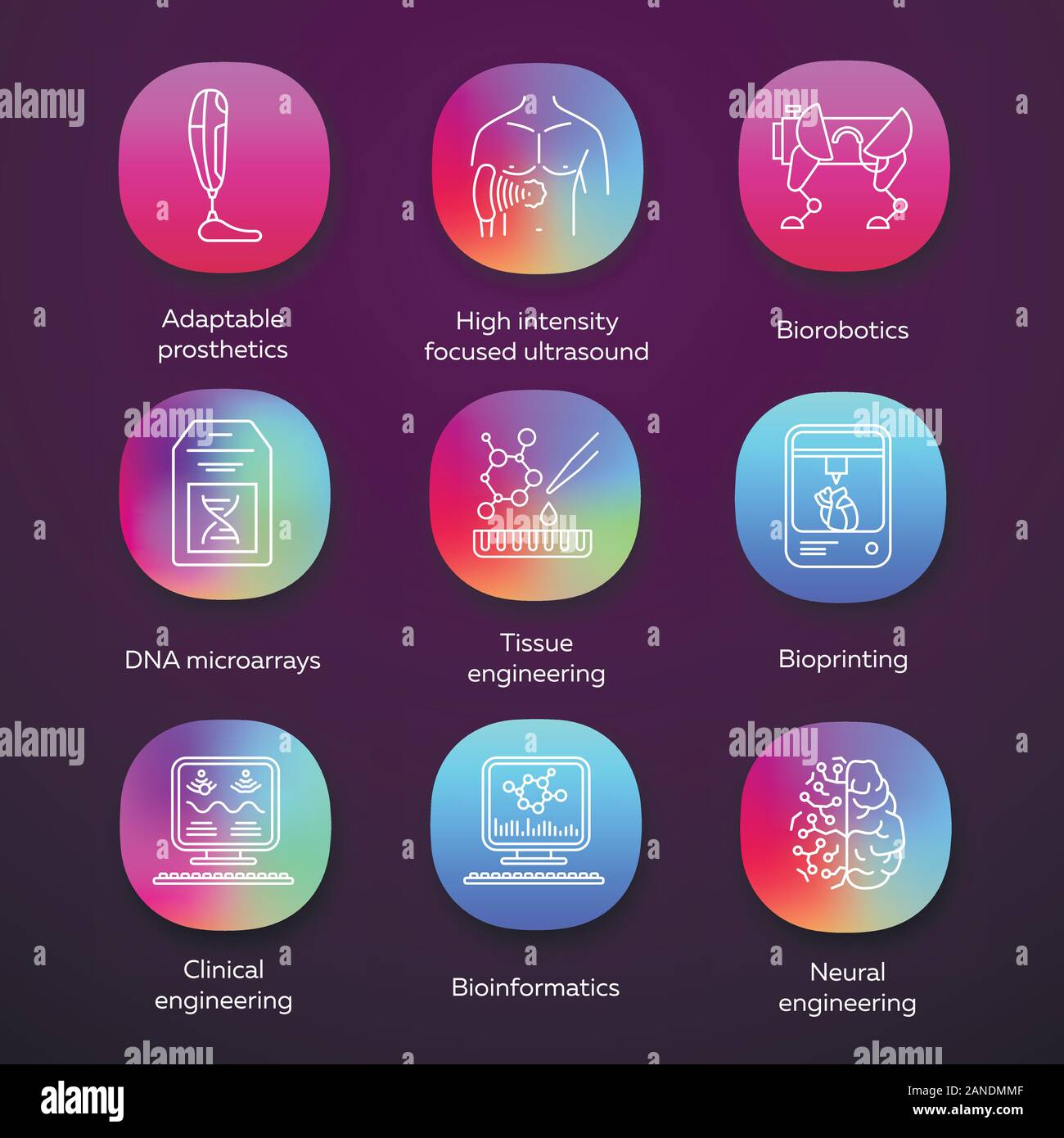 Bioengineering app icons set. Biotechnology. Molecular biology ...