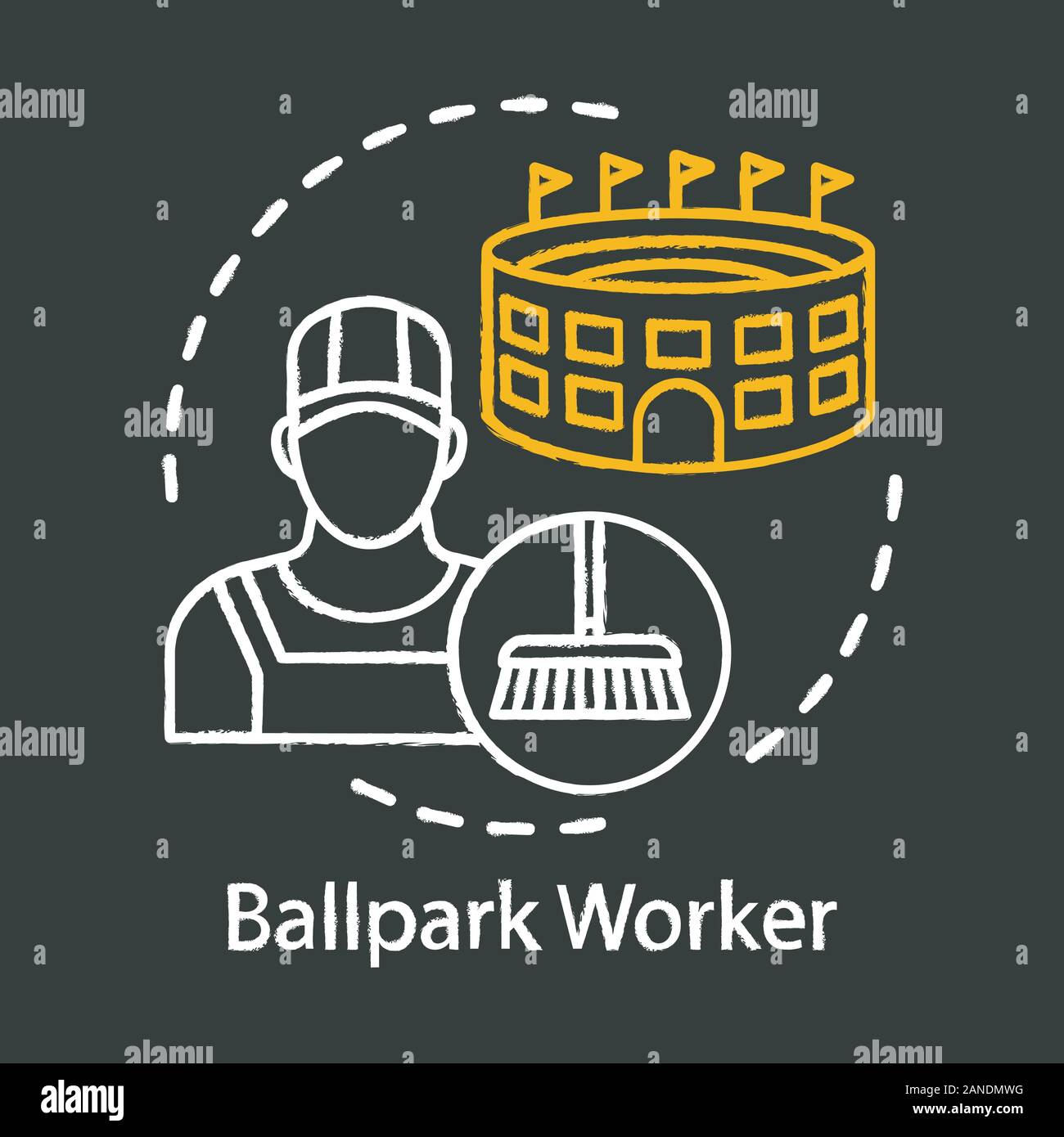 Ballpark worker chalk icon. Field stadium staff, personnel. Cleaner ...