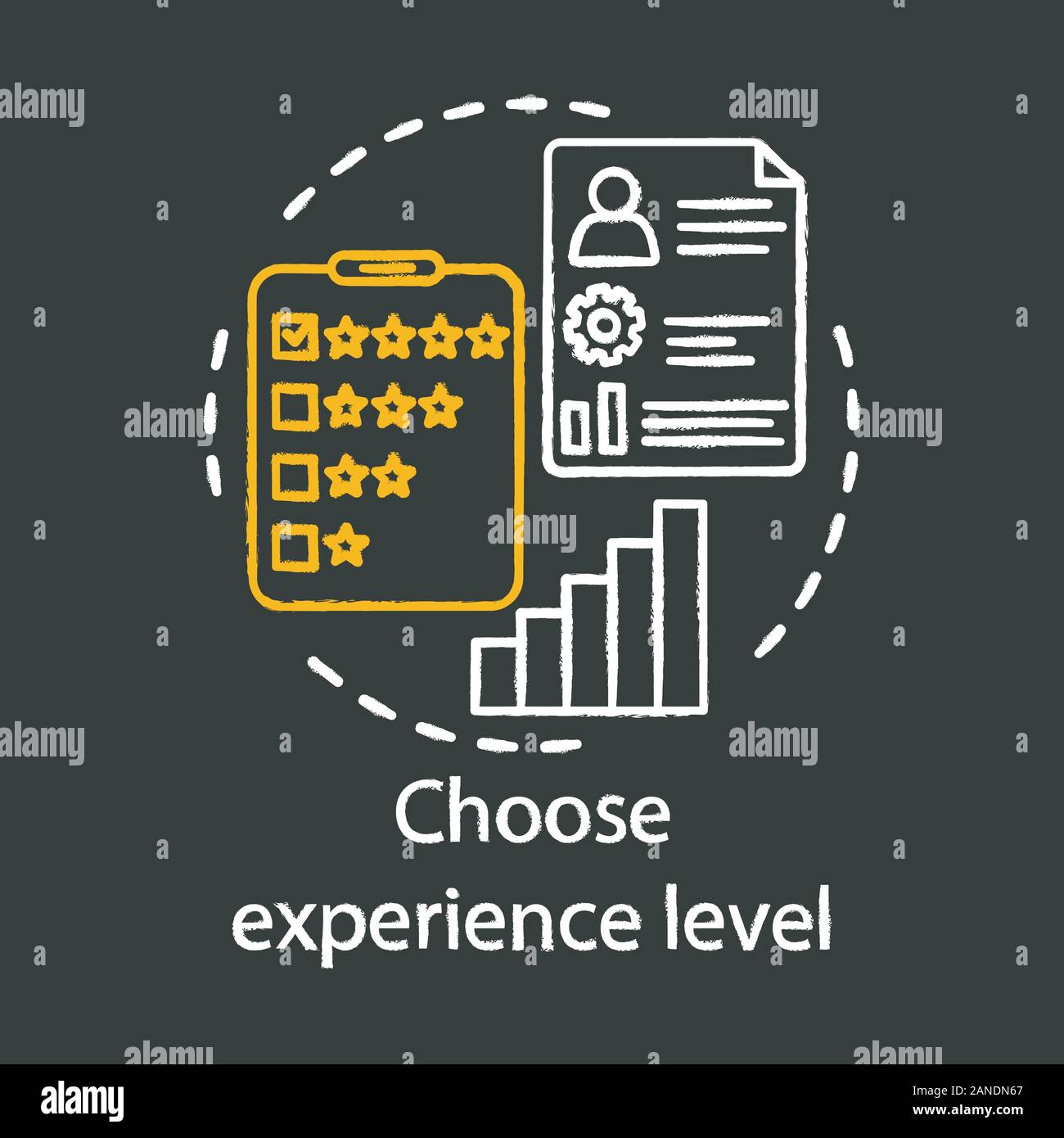 Choose experience level chalk icon. Five stars rating. Feedback ...