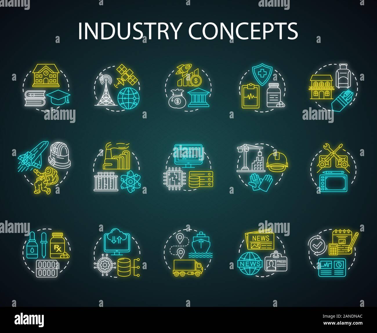Industry neon light concept icons set. Technology development ...