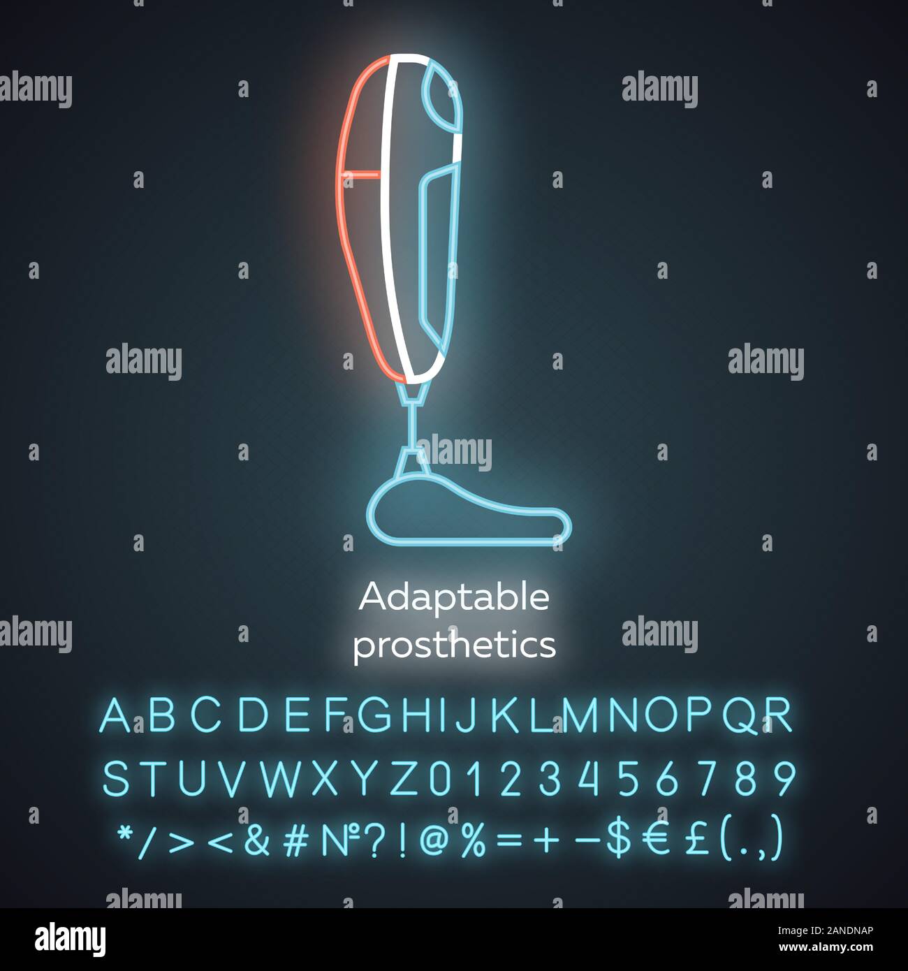 Adaptable prosthetics neon light icon. Body part replacing. Mechanical ...