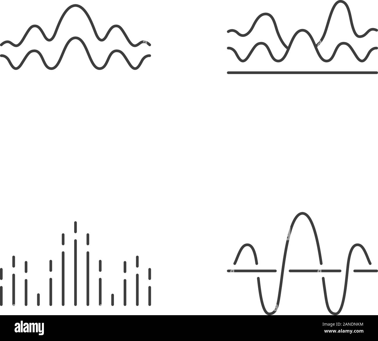 Sound waves linear icons set. Noise, vibration frequency. Volume ...
