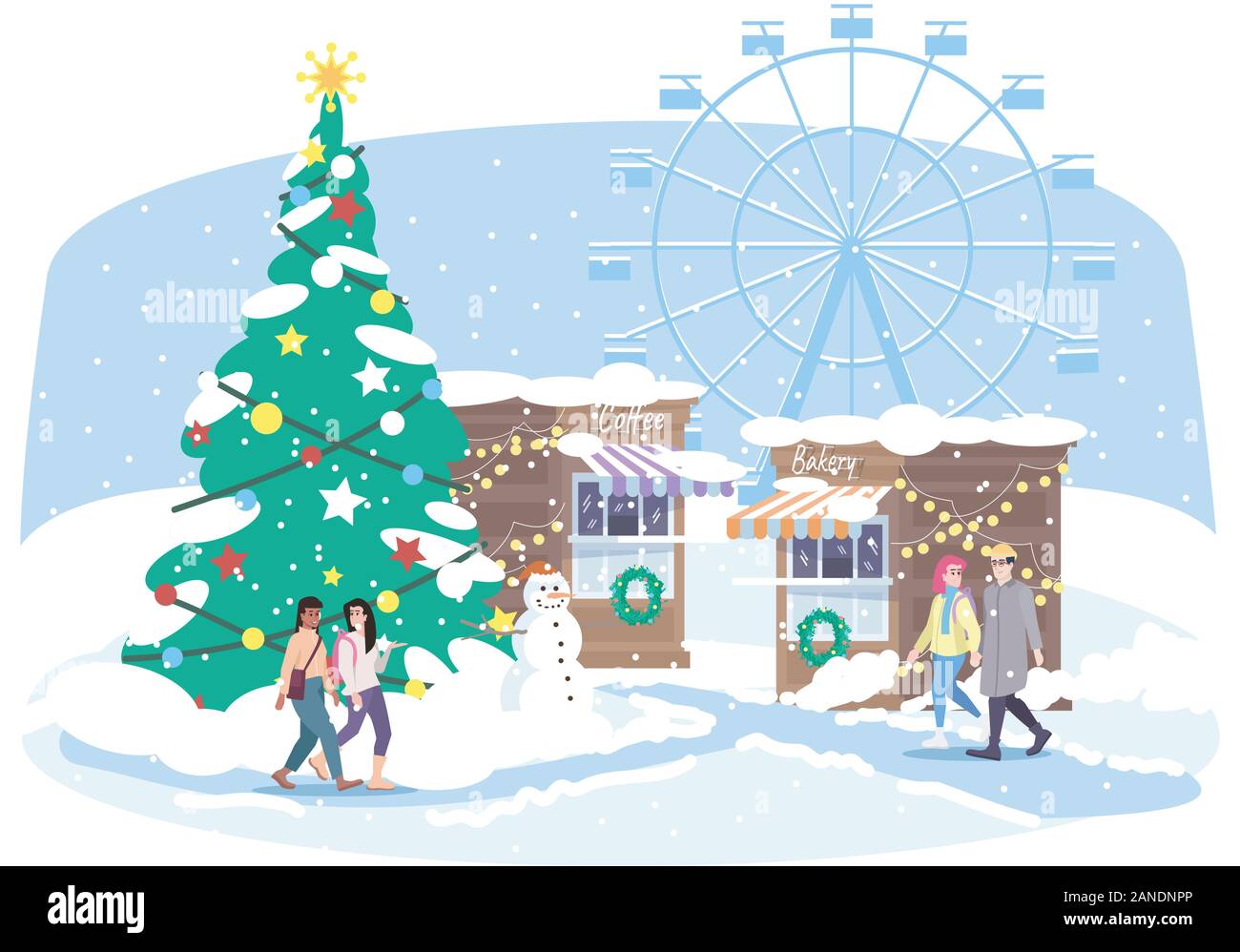 Christmas funfair flat vector illustration. People walking Xmas street ...