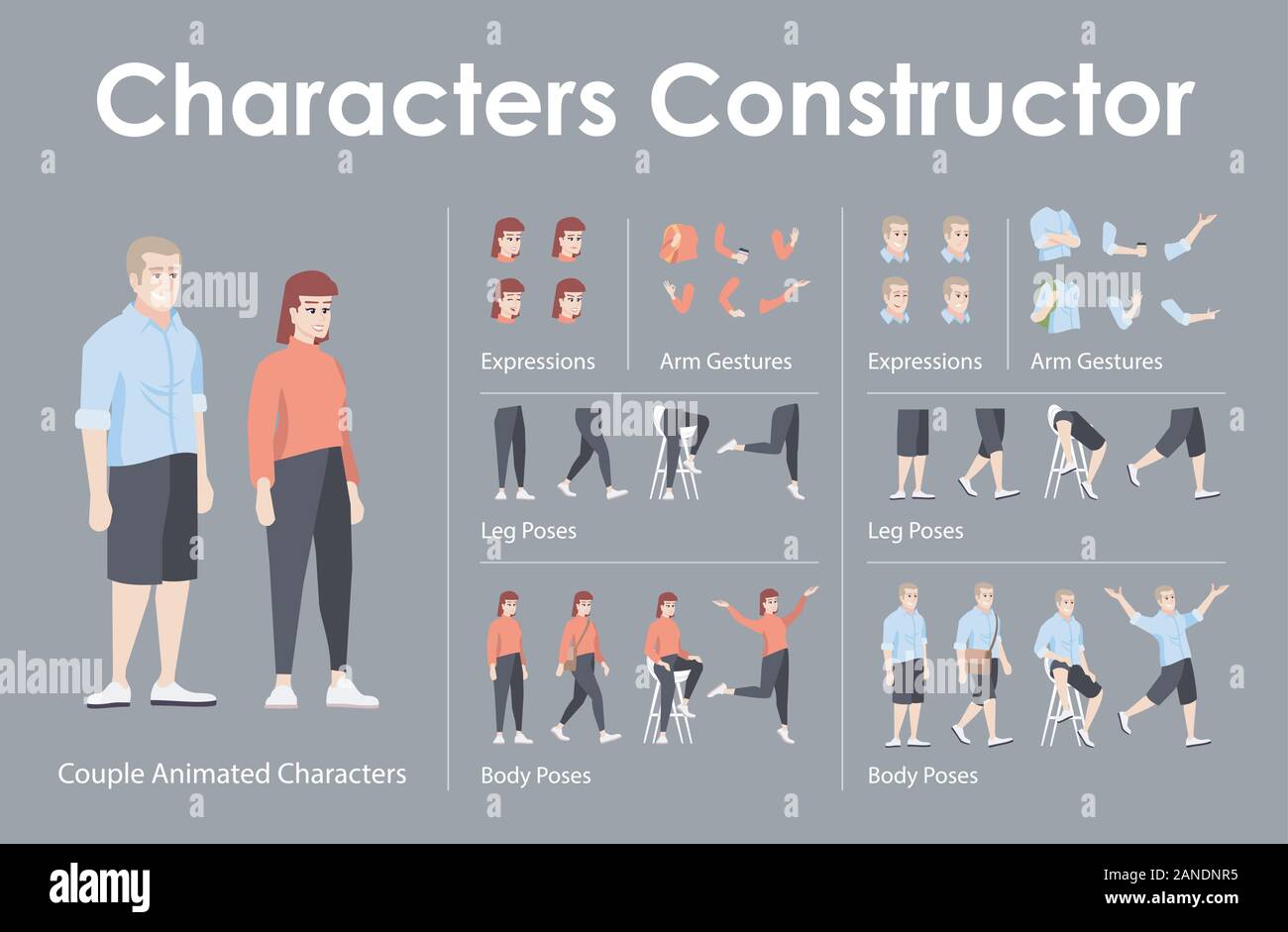 Couple Front View Animated Flat Vector Characters Design Set Haracter