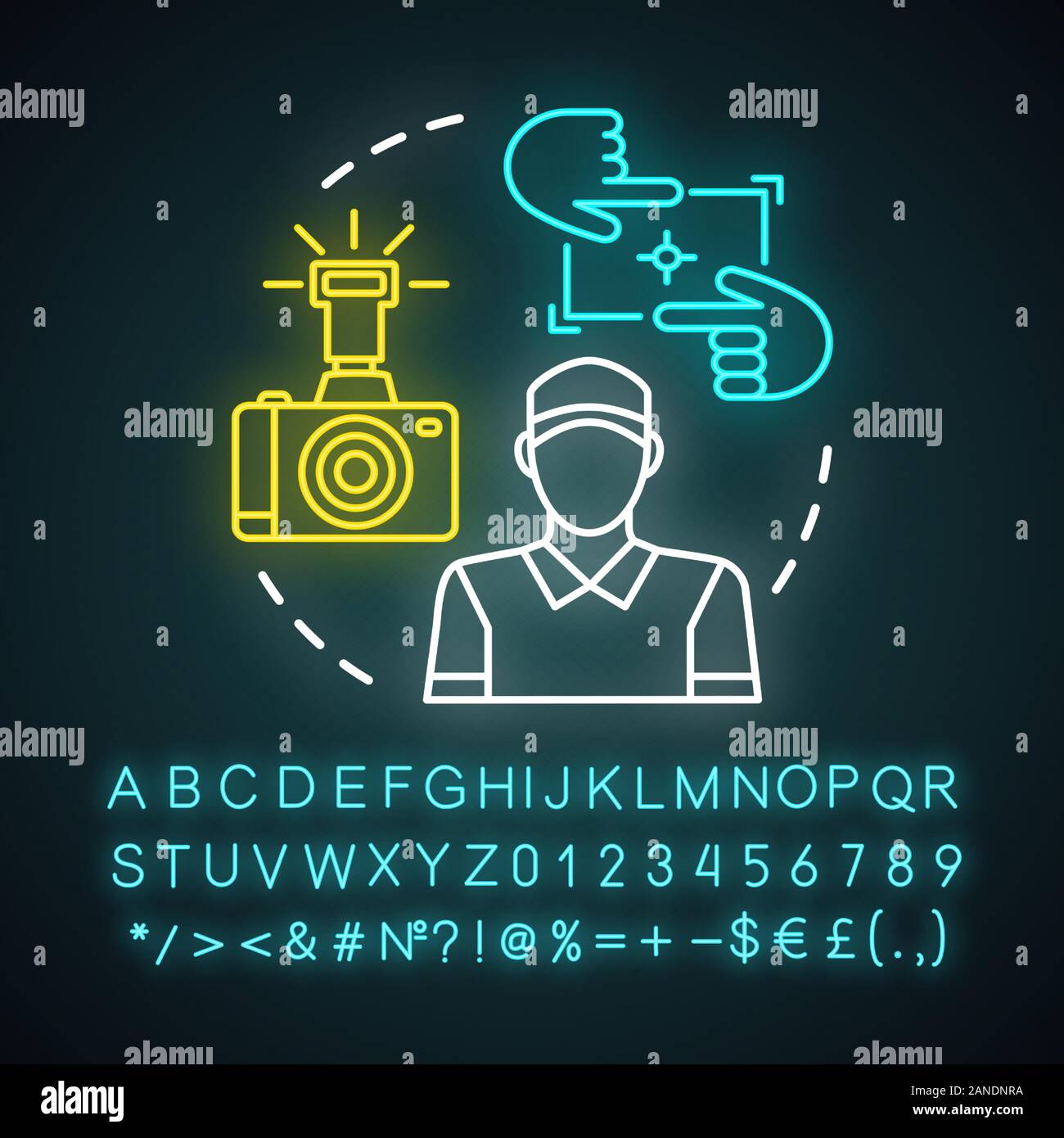 Photographer neon light icon. Digital camera and photo equipment ...