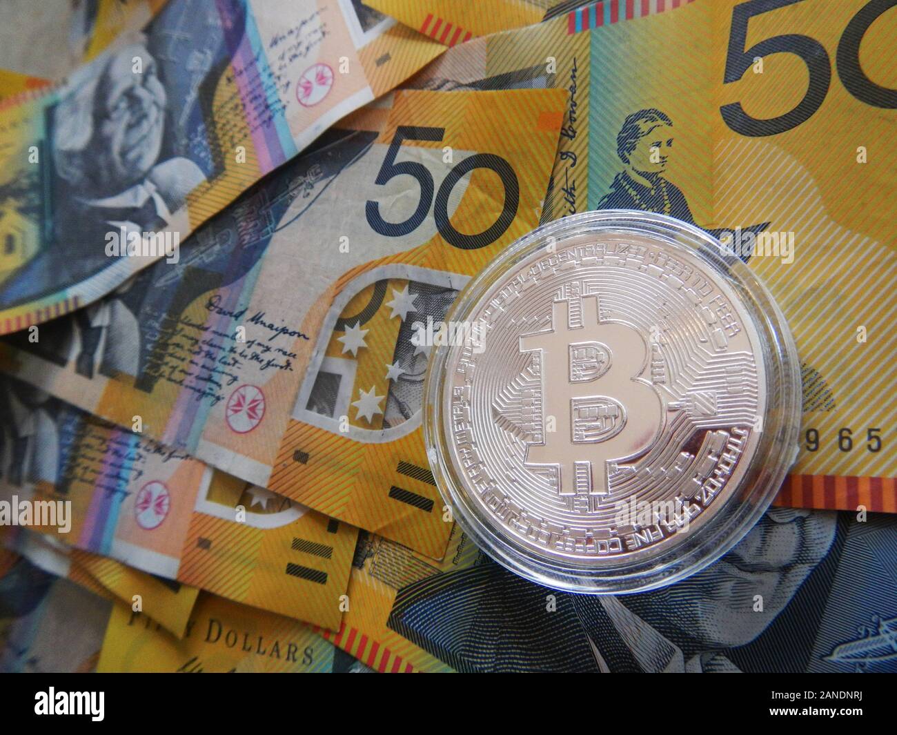 Bitcoin on Australian fifty dollar notes Stock Photo - Alamy