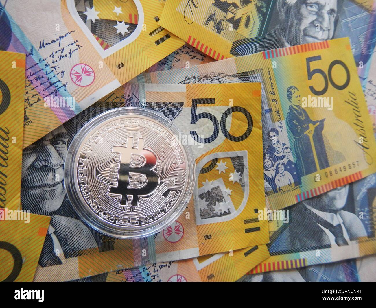 Bitcoin on Australian fifty dollar notes Stock Photo - Alamy