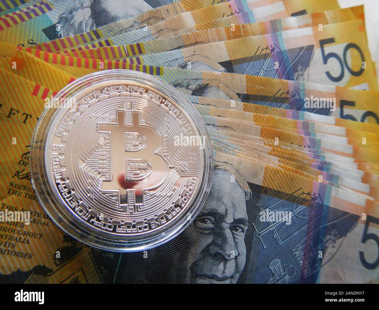 Bitcoin on Australian fifty dollar notes Stock Photo - Alamy