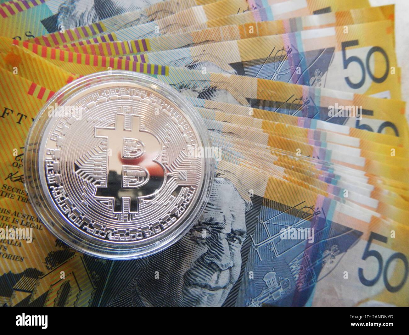 Bitcoin on Australian fifty dollar notes Stock Photo - Alamy