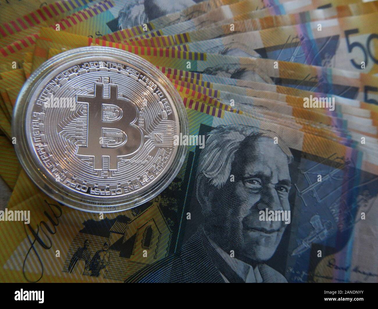 Bitcoin on Australian fifty dollar notes Stock Photo - Alamy
