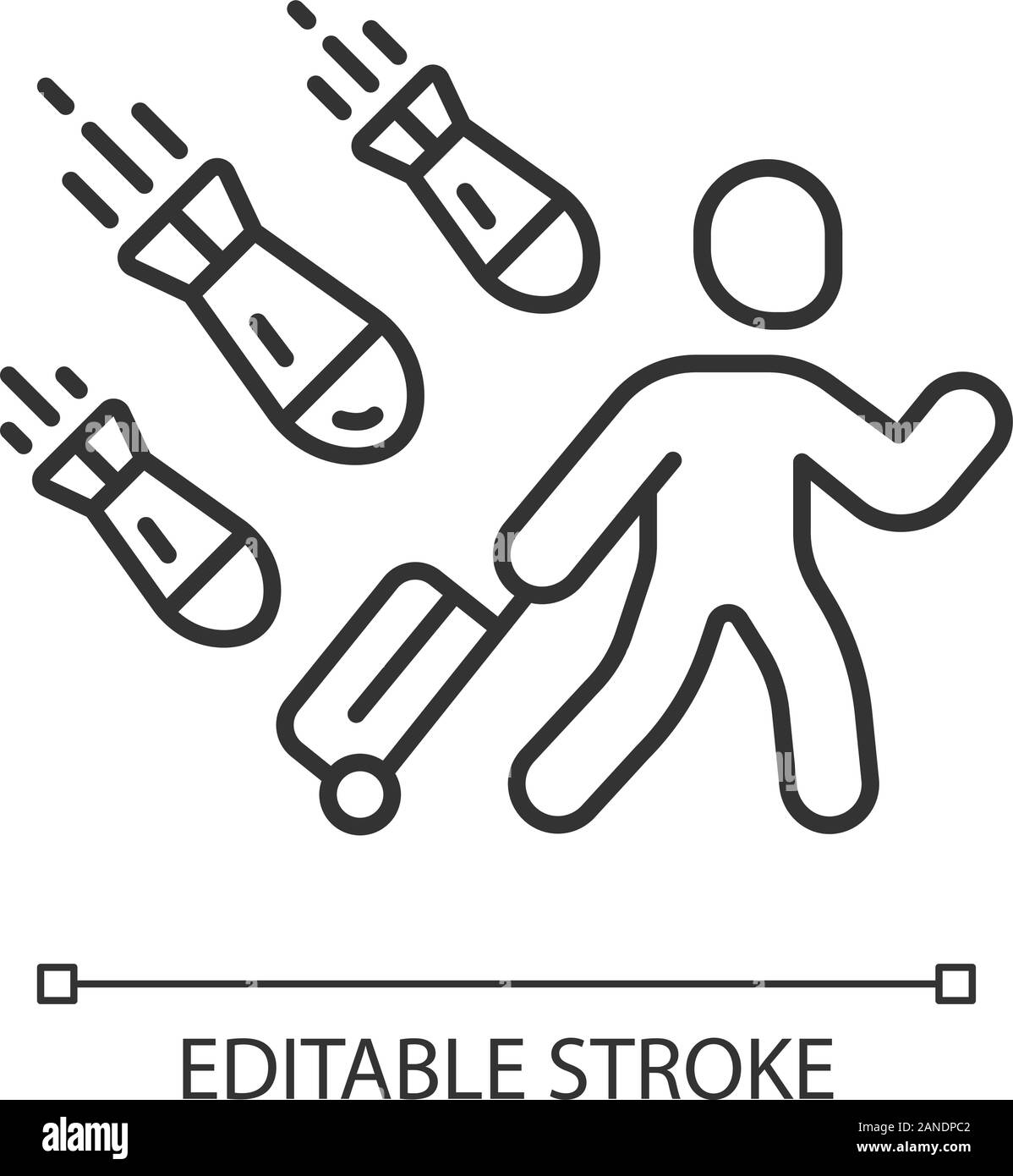 Refugee linear icon. Humanitarian aid and evacuation. Travelling abroad ...