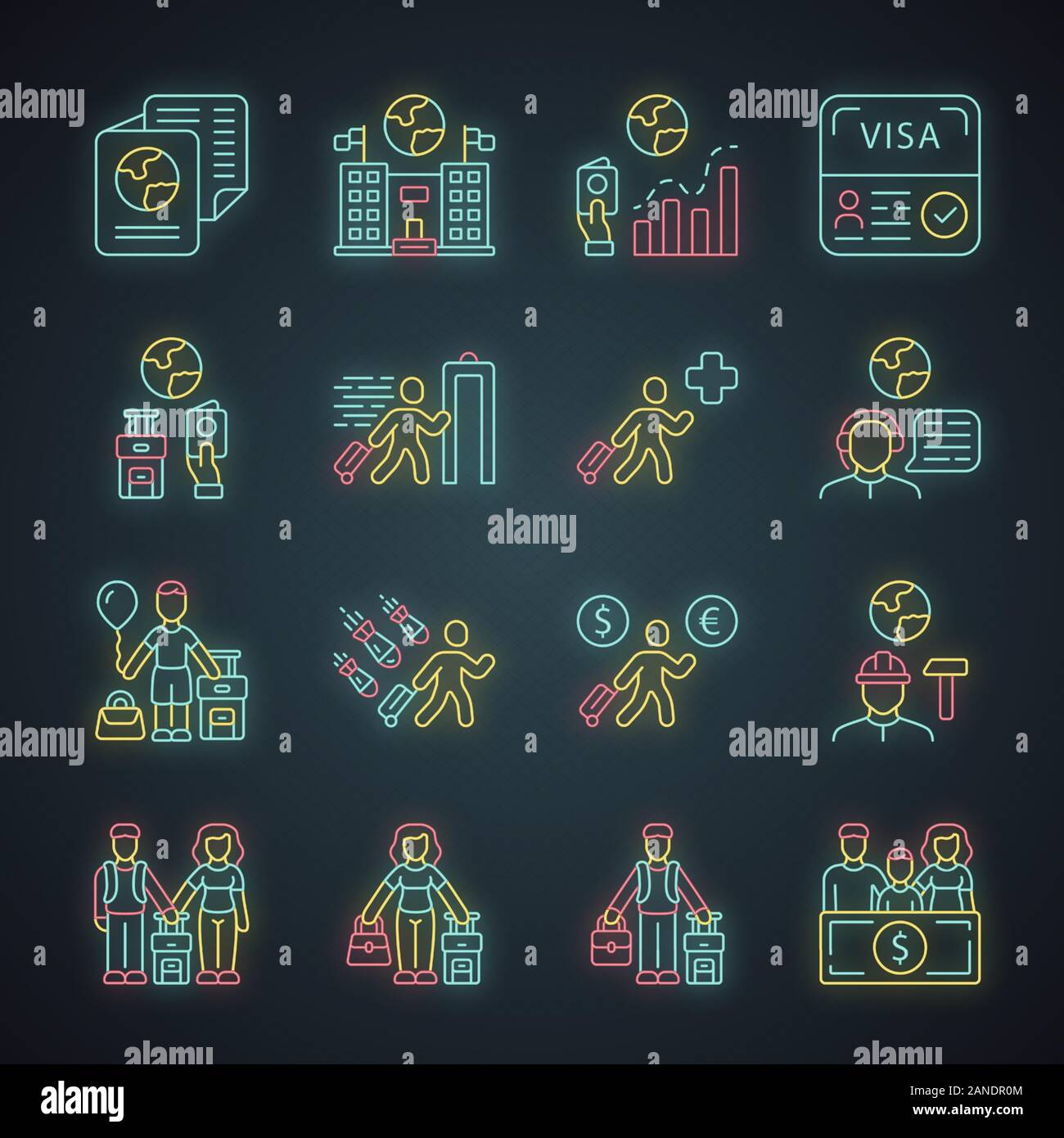 Immigration neon light icons set. Travel abroad. Security check. Trip ...