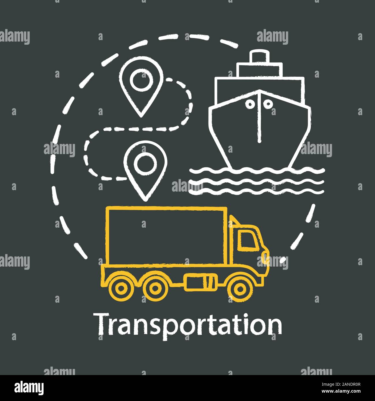 Transportation chalk concept icon. Shipping by sea and by land. Route ...