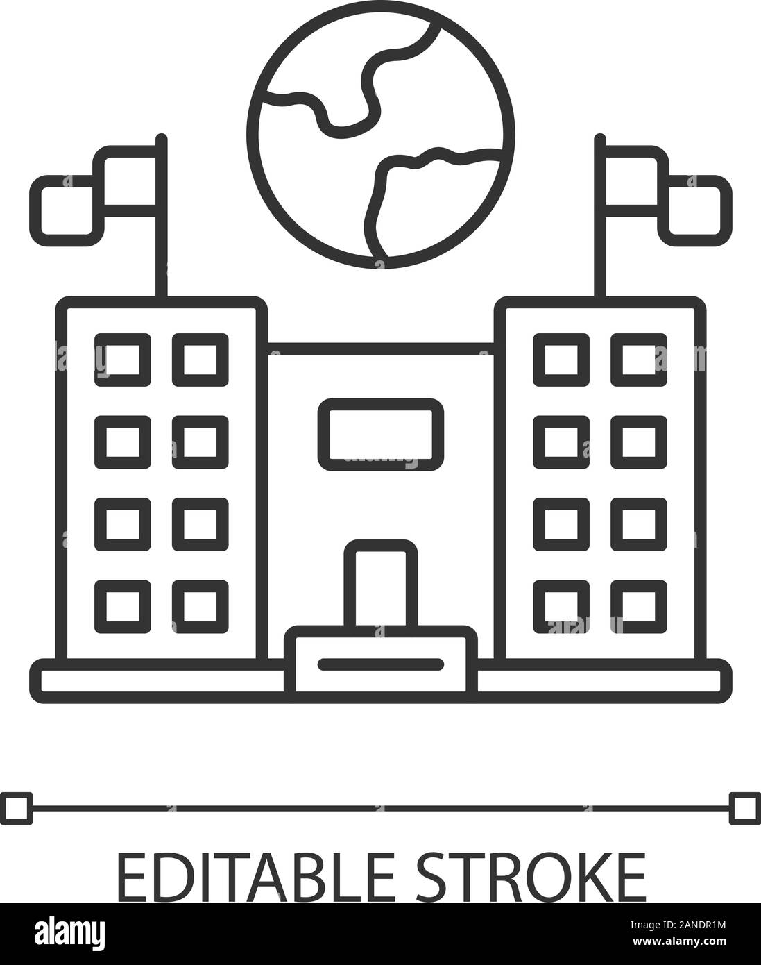Immigration center linear icon. Embassy and consulate building ...