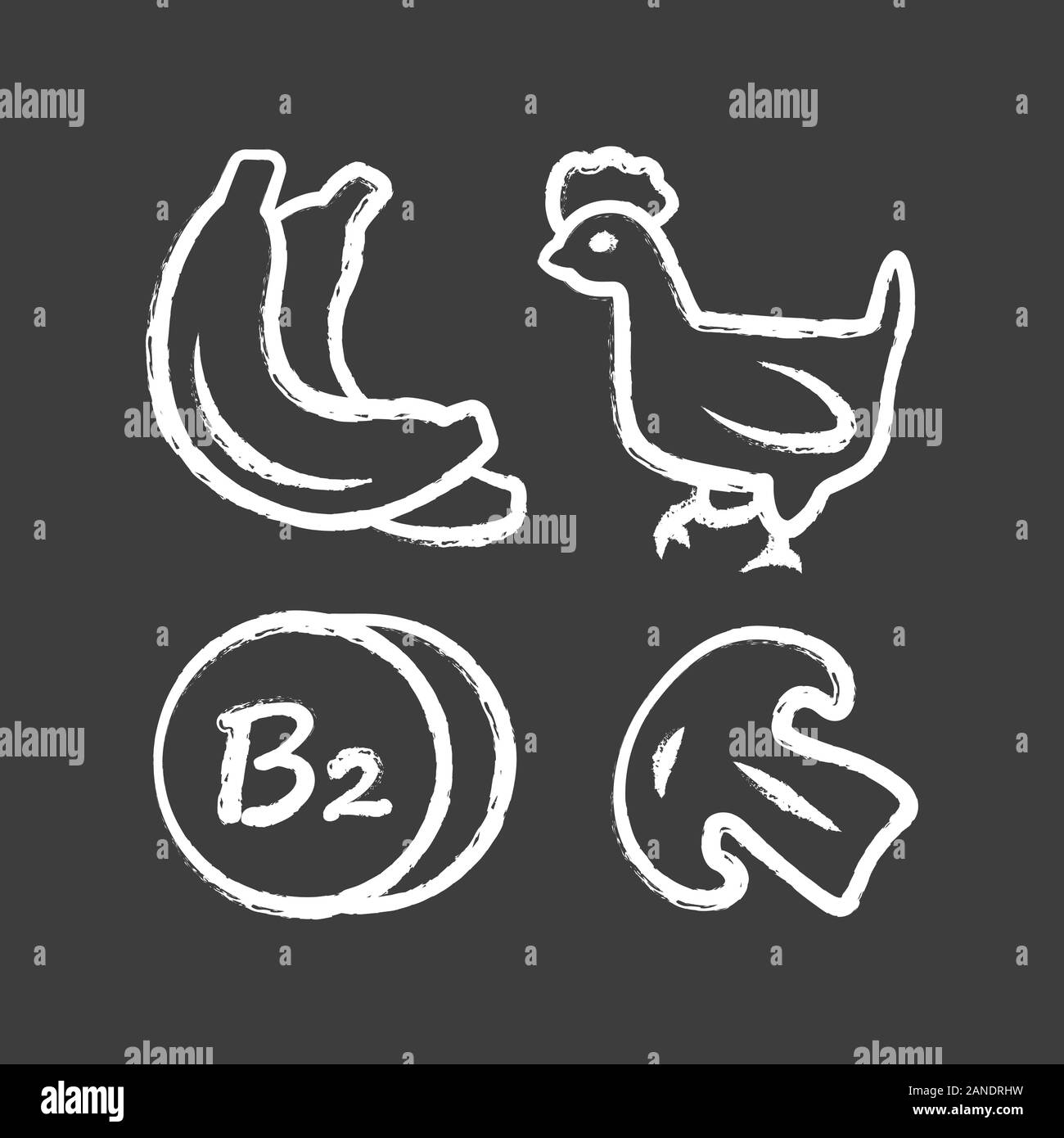 Vitamin B2 chalk icon. Bananas, poultry and mushroom. Healthy eating ...