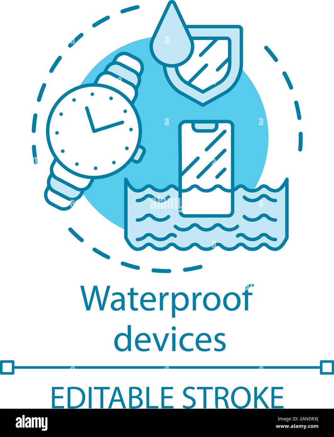 Waterproof gadgets concept icon. Water resistant devices idea thin line ...