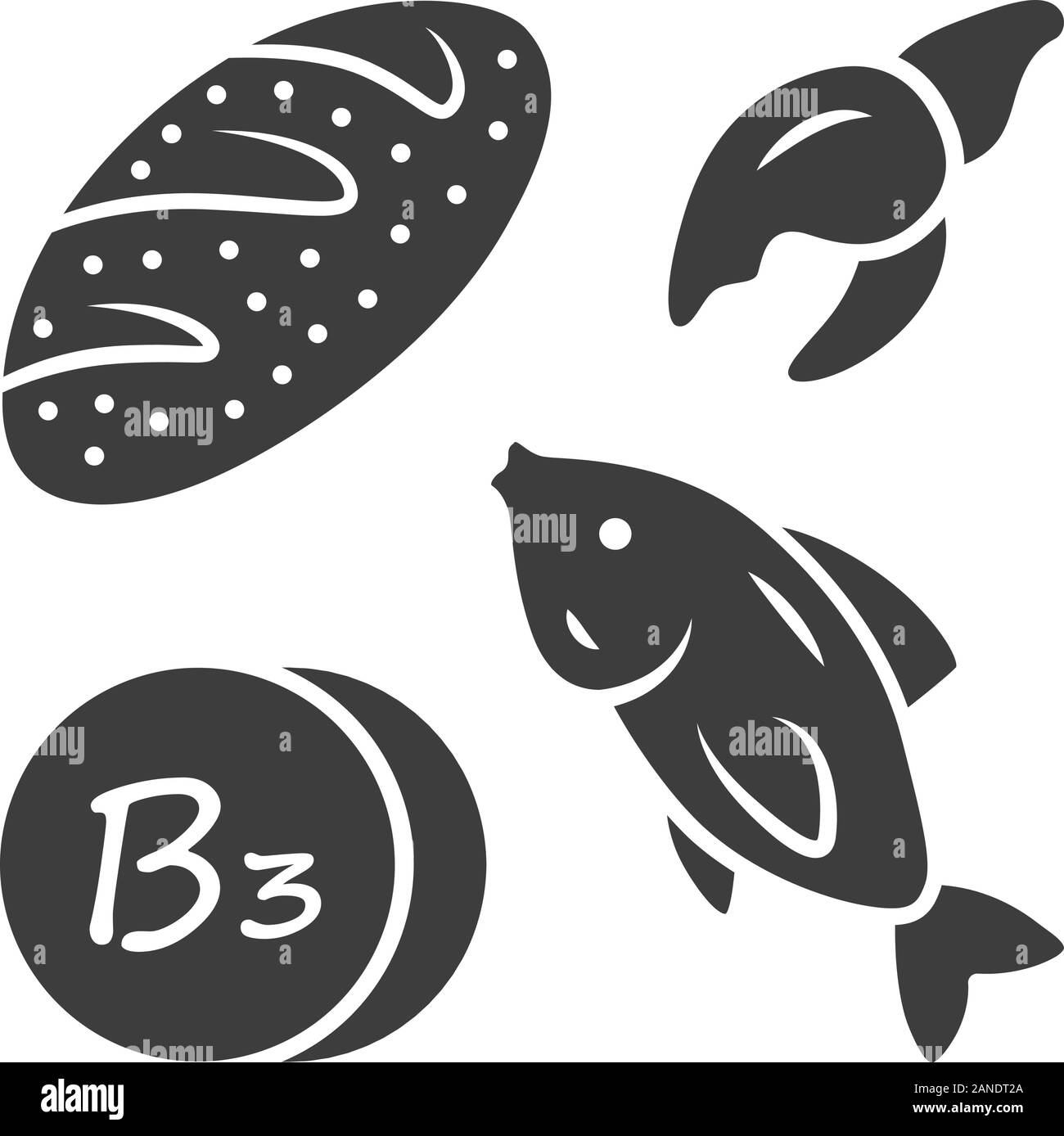 Vitamin B3 glyph icon. Bread, fish and seafood. Healthy eating ...