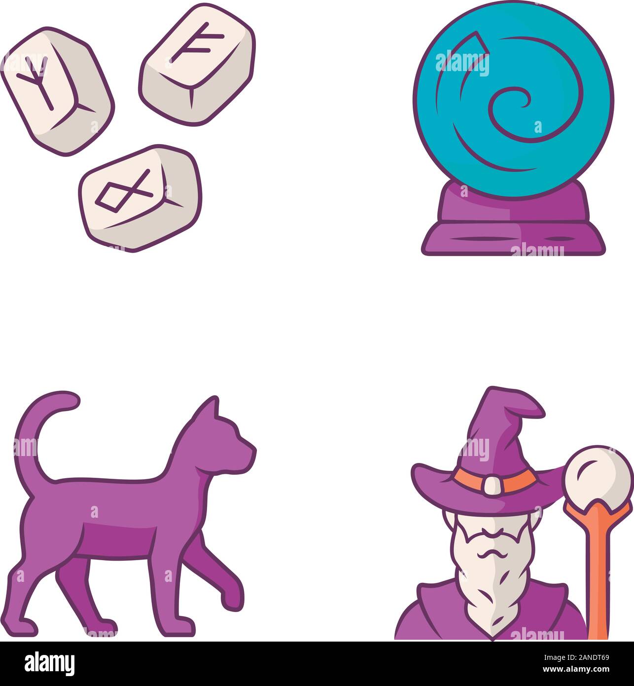 Magic color icons set. Runestones, fortune telling crystal ball, witch ...