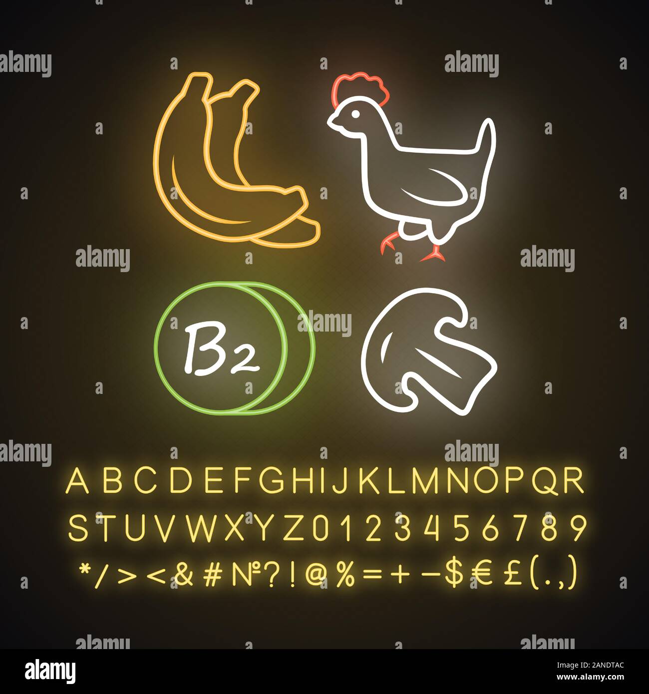 Vitamin B2 neon light icon. Bananas, poultry and mushroom. Healthy ...