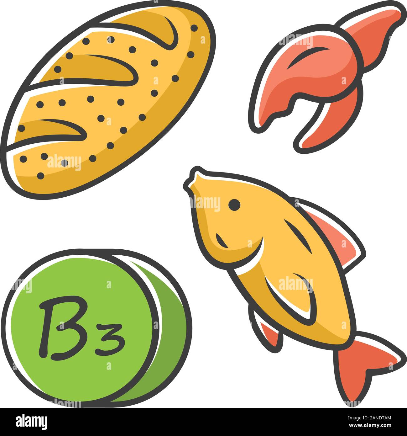 Vitamin B3 yellow color icon. Bread, fish and seafood. Healthy eating ...