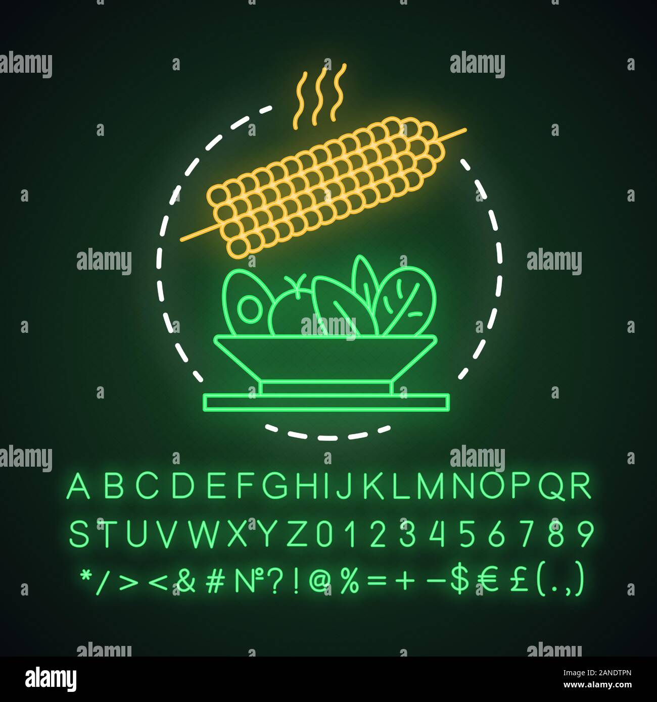 Vegan dinner neon light concept icon. Vegetarian restaurant menu idea ...