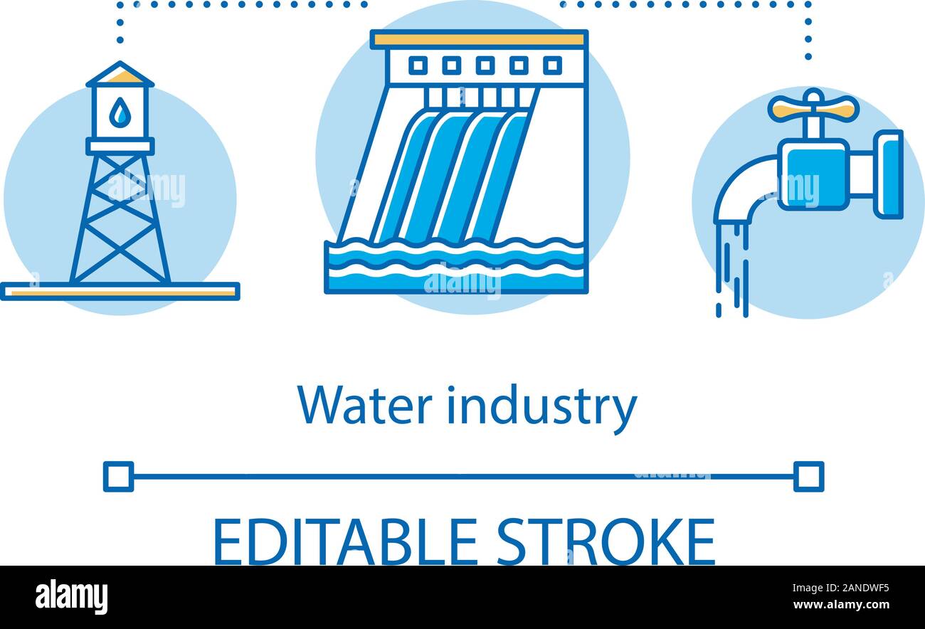 Water industry concept icon. Water tower, dam, tap. Accumulation ...
