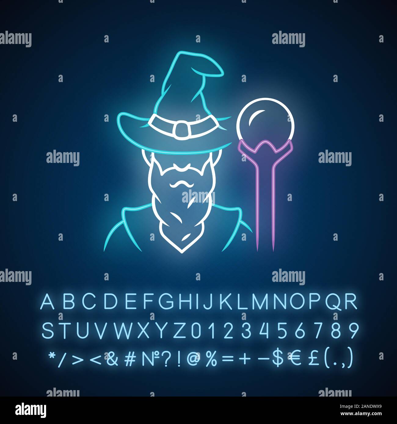 Wizard neon light icon. Sorcerer, magician in hat. Old wise man ...