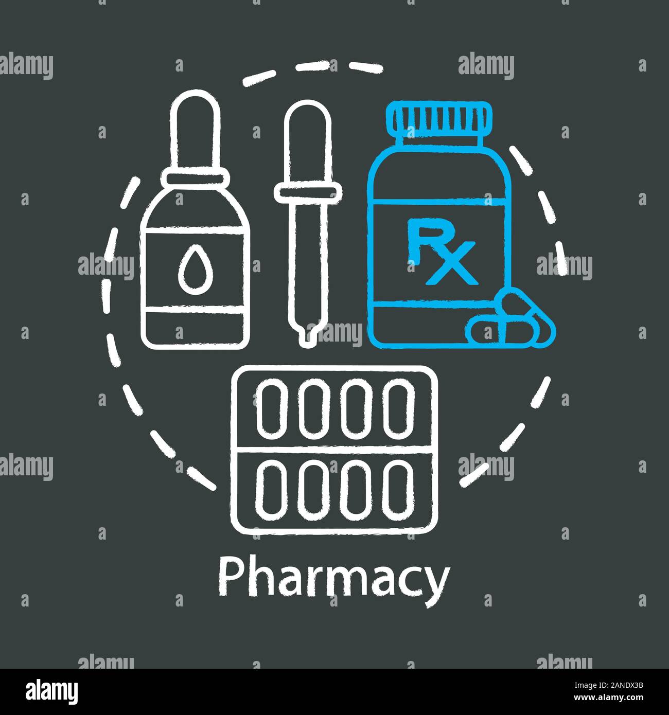 Pharmacy chalk concept icon. Pharmacological products. Medicine, drugs ...