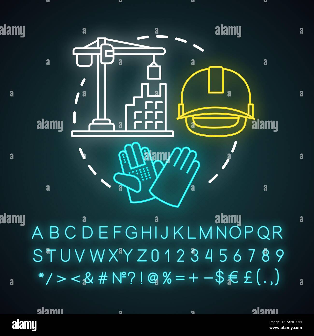 Construction industry neon light concept icon. Crane, house, hard hat ... Construction industry neon light concept icon. Crane, house, hard hat ...