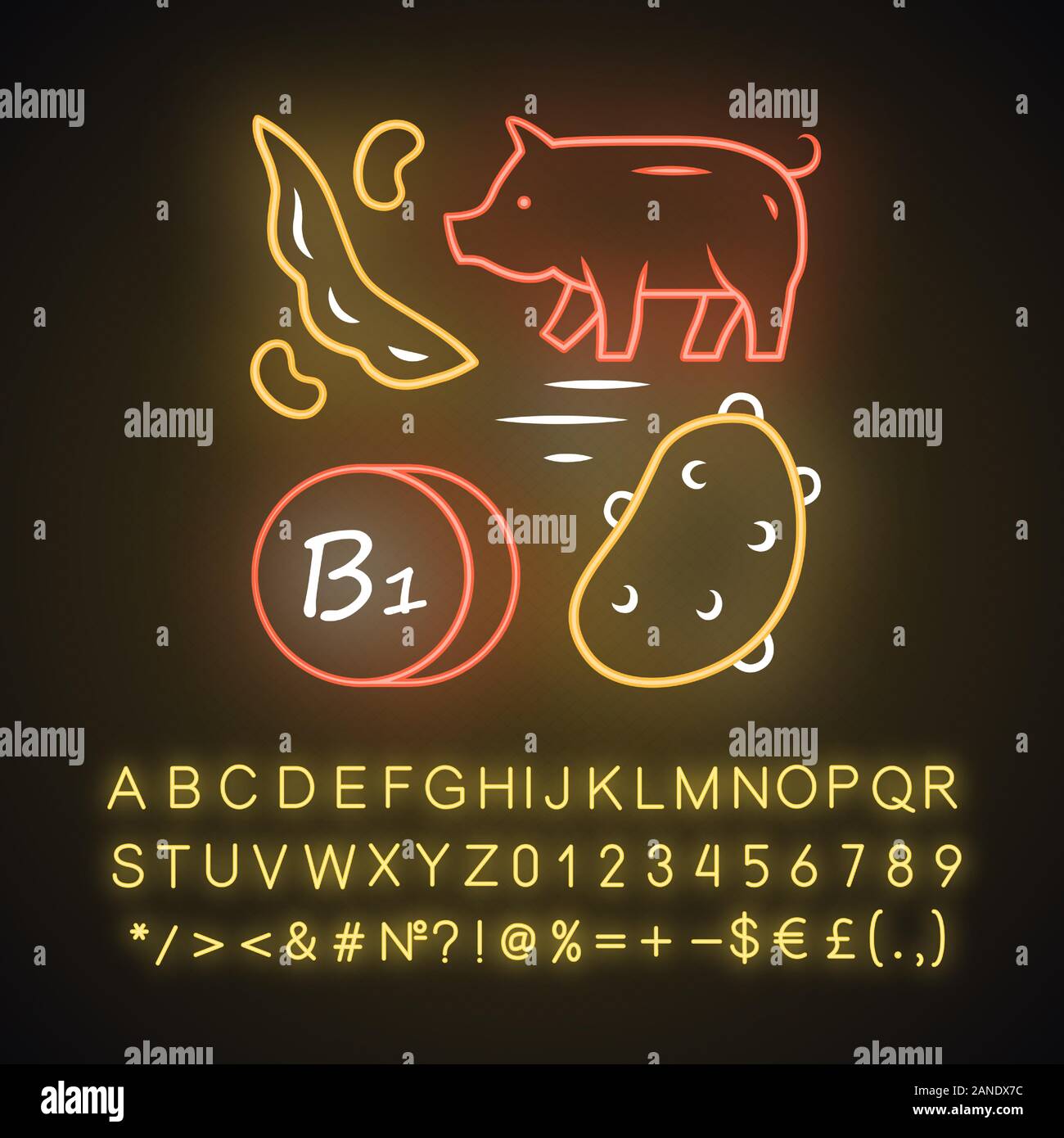 Vitamin B1 neon light icon. Potato, pork and green bean. Healthy eating ...