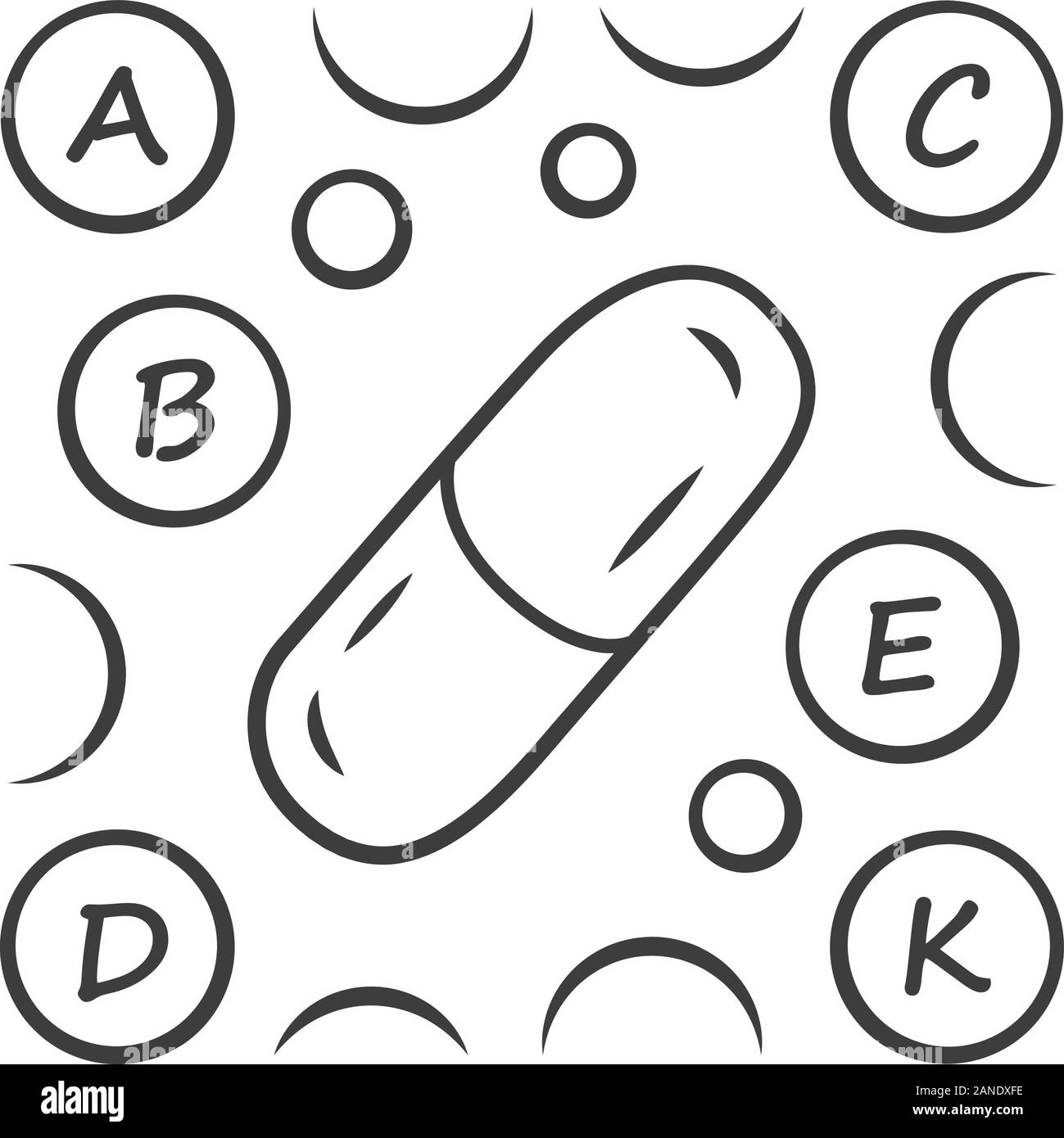 Vitamin pills linear icon. A, B, C, D, E, K multi vitamins complex ...