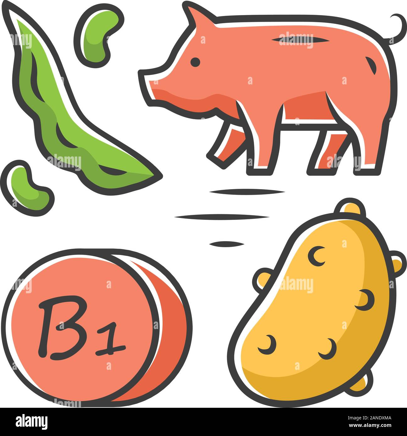 Vitamin B1 red color icon. Potato, pork and green bean. Healthy eating ...