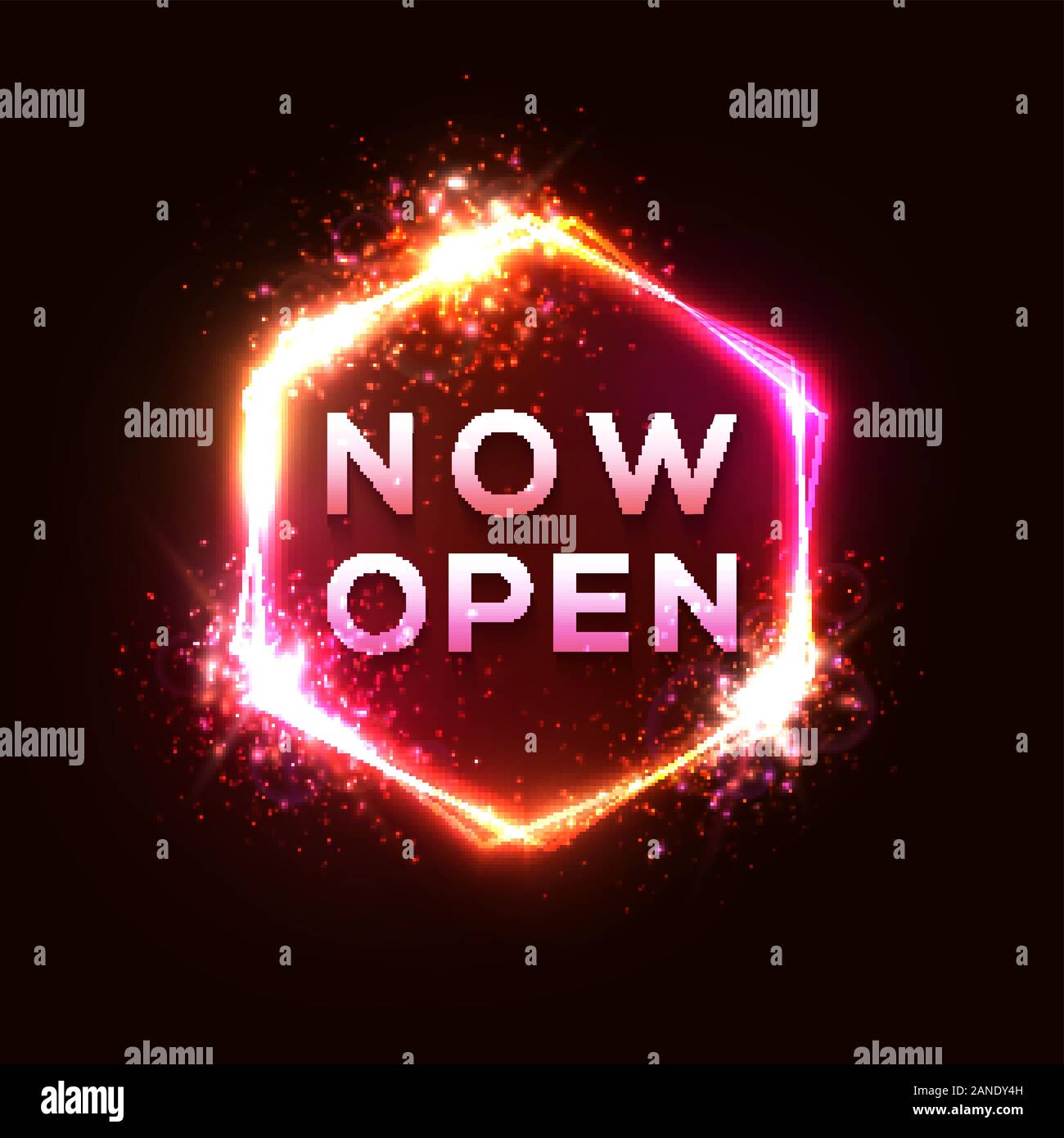 Now Open neon sign on dark red background. Light glowing tube hexagon ...